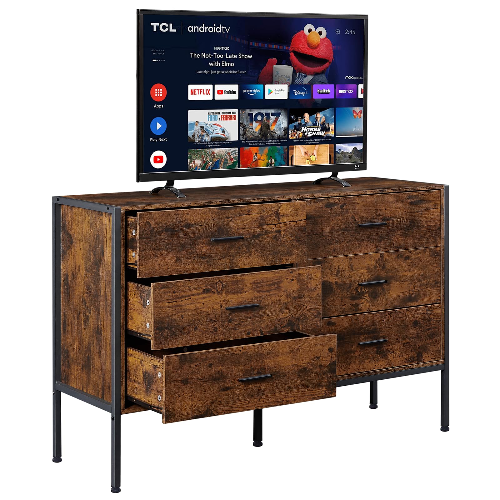 Lyromix Rustic Wood Dresser with 6 Drawers, Wide 48'' Brown TV Stand with Storage, Vintage Brown Dresser for Bedroom, Perfect for Bedroom Room Storage, 48.5"*15.7"*31"