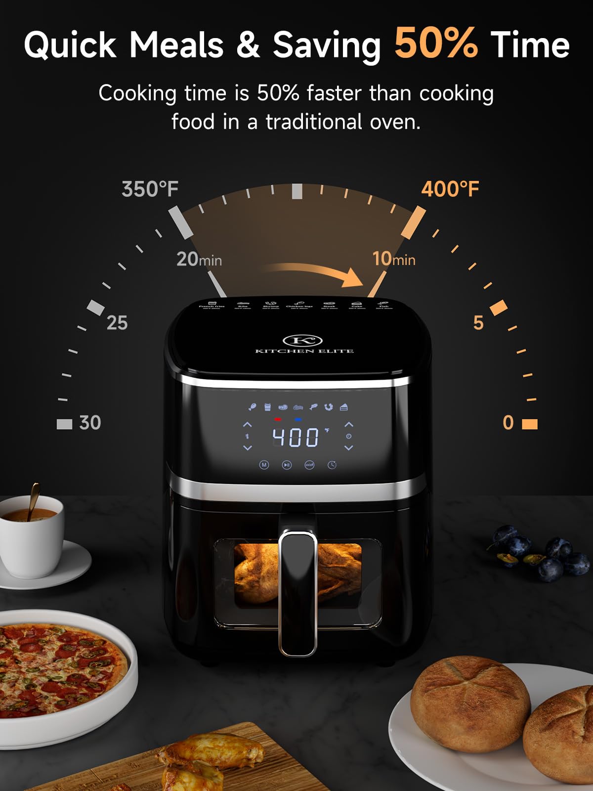 Kitchen Elite Air Fryer Oven 5.28 Qt, 7-in-1 Digital Display Compact Cooker with Easy View Windows,Space-saving, Nonstick and Dishwasher Safe Basket, Black