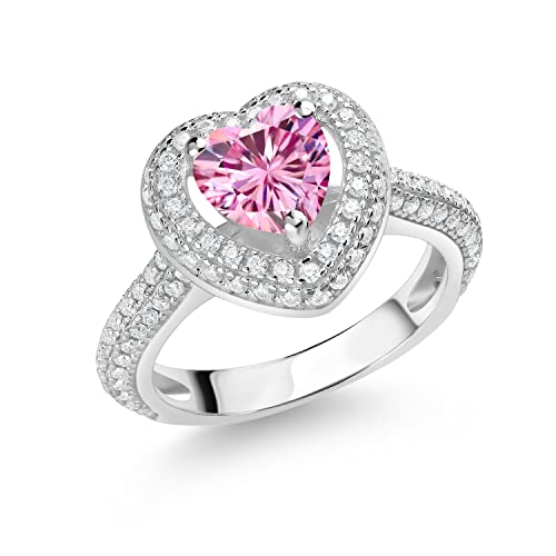 Gem Stone King 925 Sterling Silver Pink and White Moissanite Ring For Women (1.69 Cttw, Heart Shape 6.5MM, Available In Size 5, 6, 7, 8, 9)