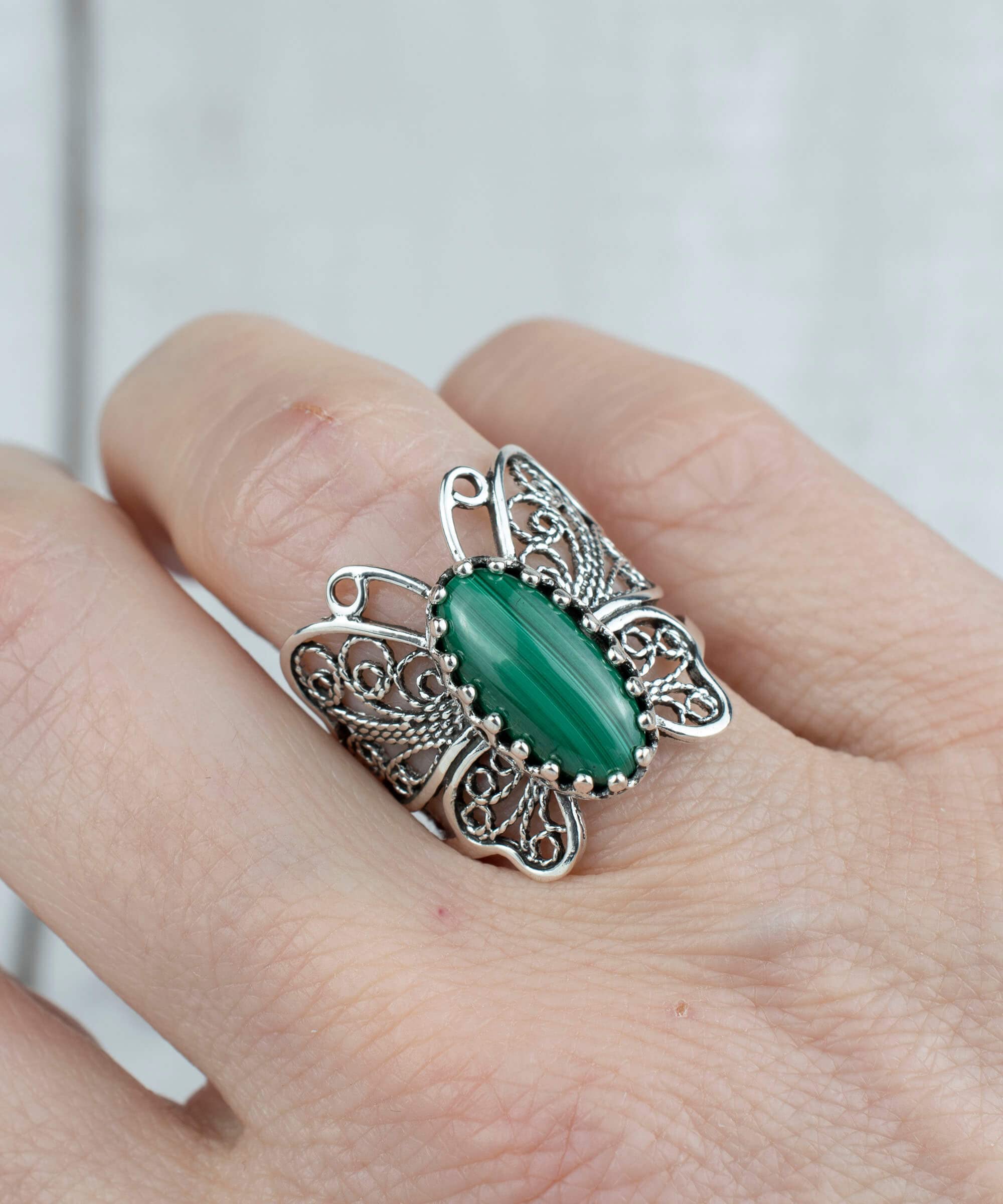 Filigranist Sterling Silver Filigree Art Butterfly Women Cocktail Ring with Gemstones (Malachite, 9)