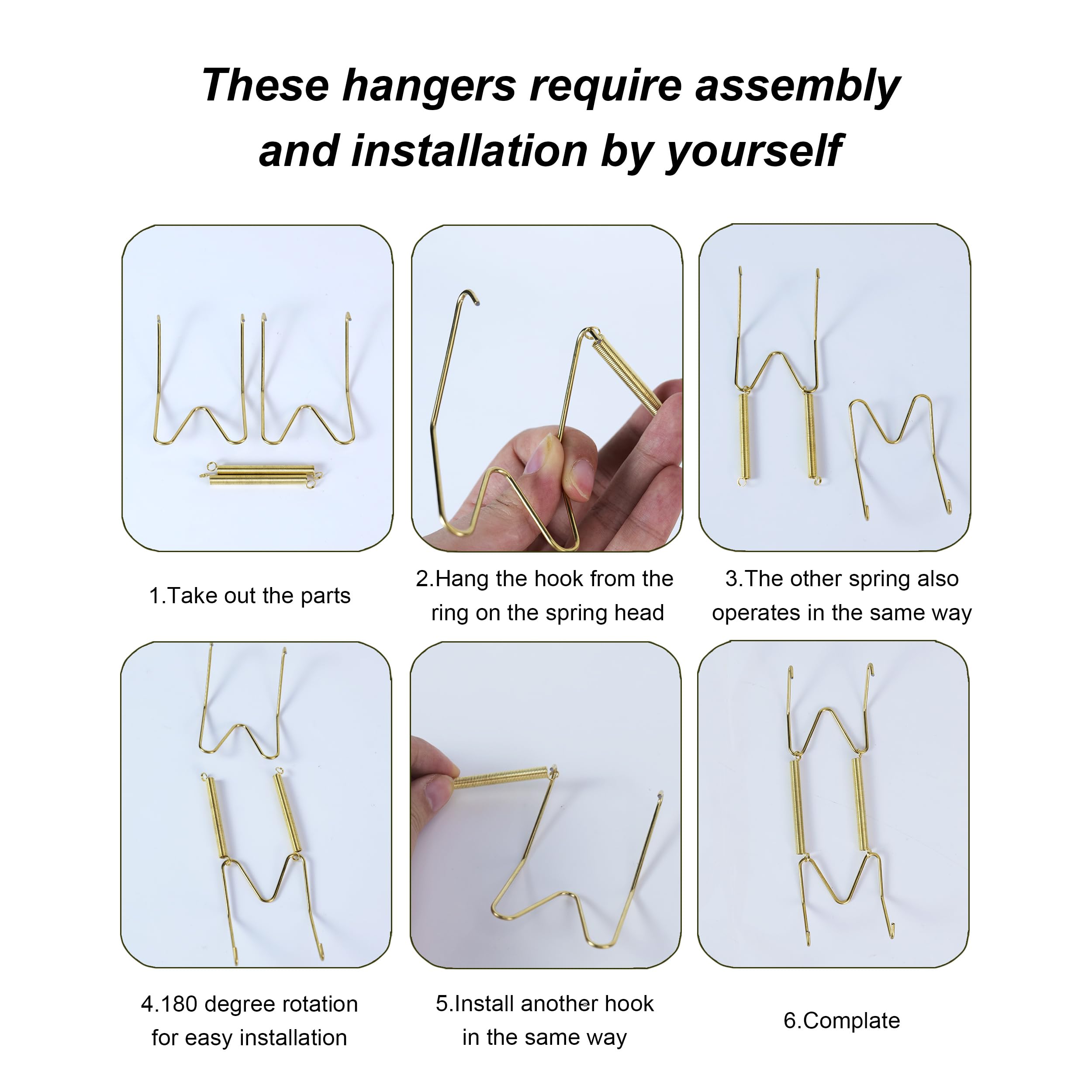 LYWBYJ 12 Pieces Invisible Vertical Plate Holders - 6 Pieces Stainless Steel Decorative Wire Plate Holders with 10 Pieces Wall Hooks for Decorative Plates (Gold, 6/8/10 Inch) 