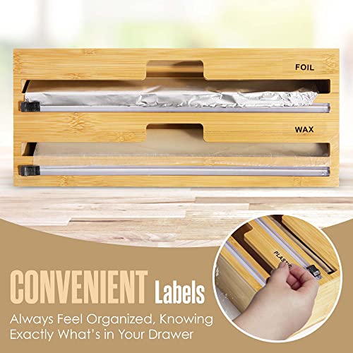 Plastic Wrap Dispenser with Cutter, Aluminum Foil Organizer, Two in One Roll Holder, 13.5"x5.75"x3", Wooden, Bamboo, Reusable, Saran Wrapper Dock, Wax Paper Dispensers for Kitchen Drawer | Houseables