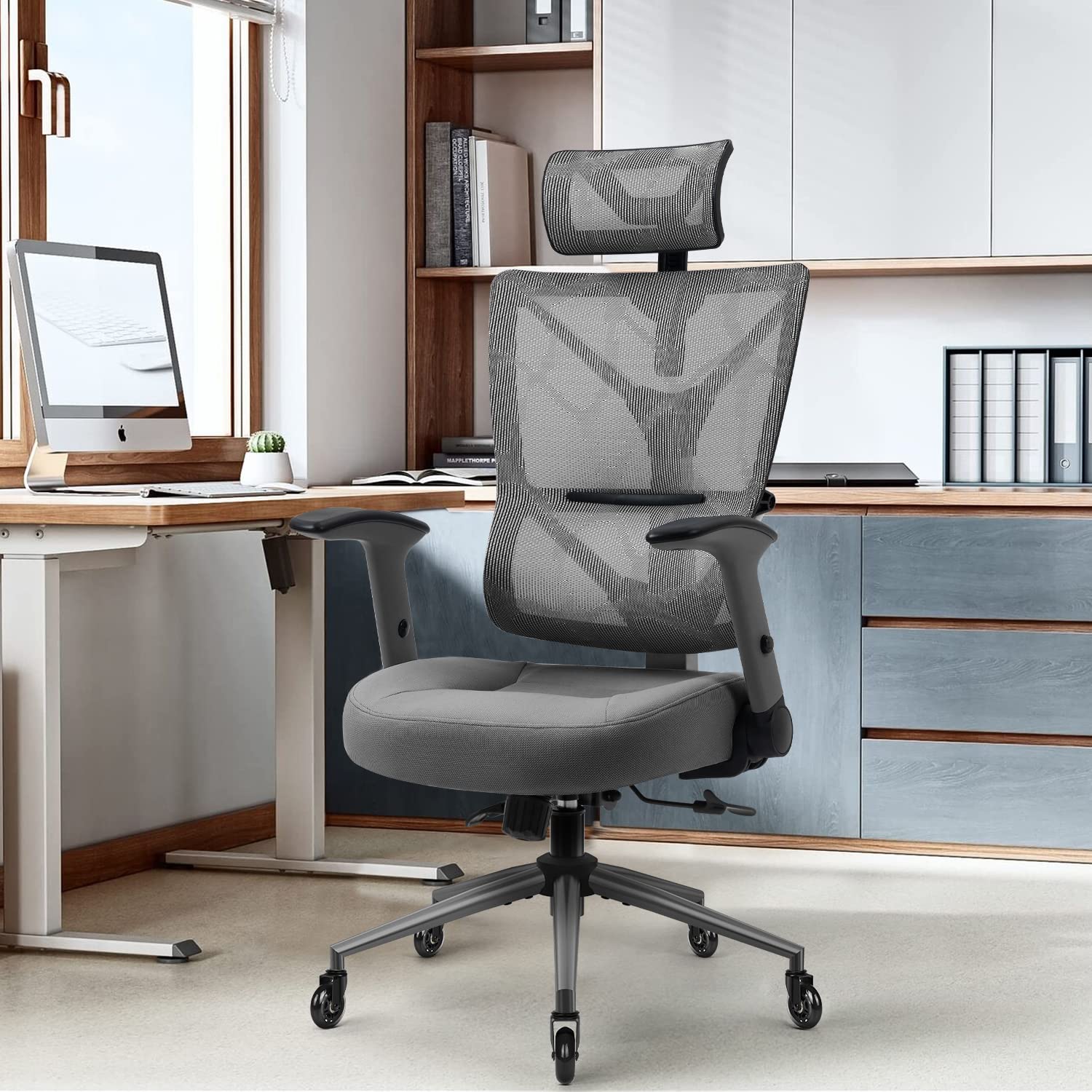Ergonomic Mesh Office Chair - High Back Home Office Desk Chairs with Adjustable Headrest, 2D Flip-up Arms, Lumbar Support, Tilt Function and Rubber Wheels - Ergonomic Design for Back Pain,Gray