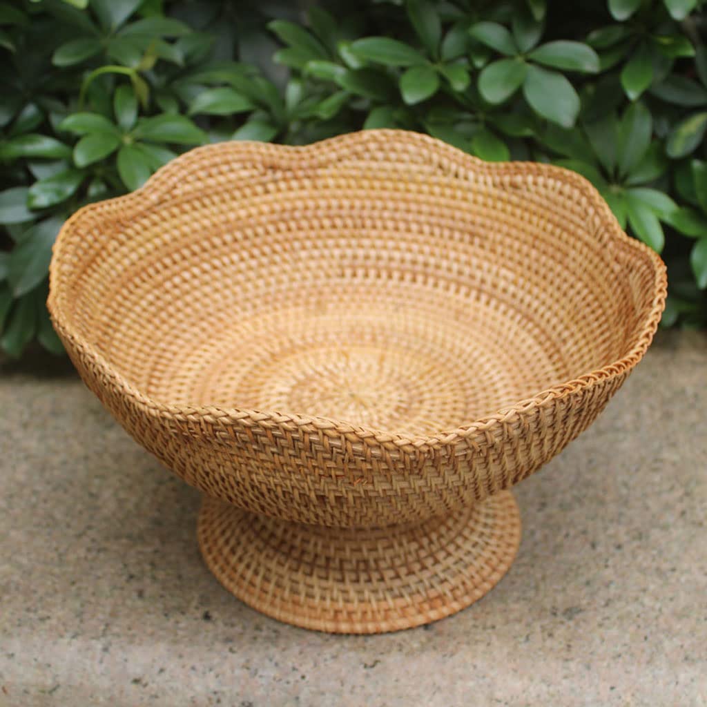 FUKQVOD Simple Fashion Hand-Woven Rattan Tray,Round Brown Natural Decorative Storage Wicker Serving Tray,for Cookies Tea Snacks Fruit Convenience