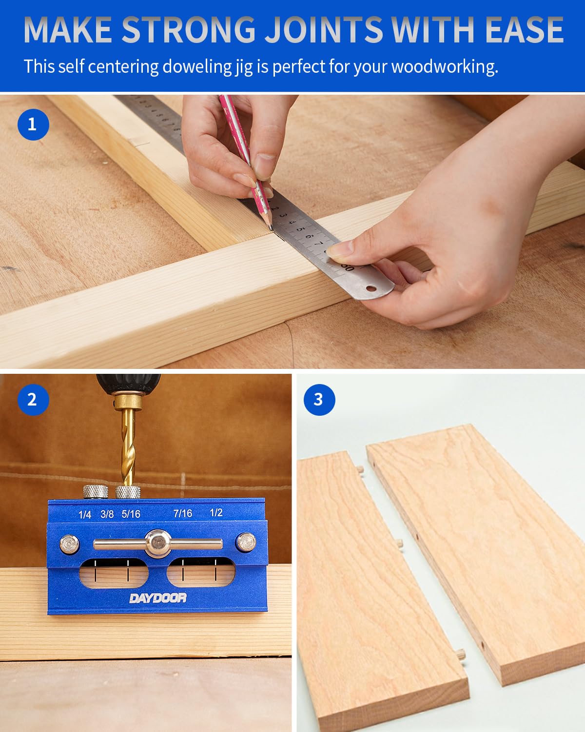 DAYDOOR Self Centering Doweling Jig Kit, Adjustable Width Dowel Jig for Woodworking, Centering Jig for Straight Holes Biscuit Joiner Set with 6 Bushings(Blue)