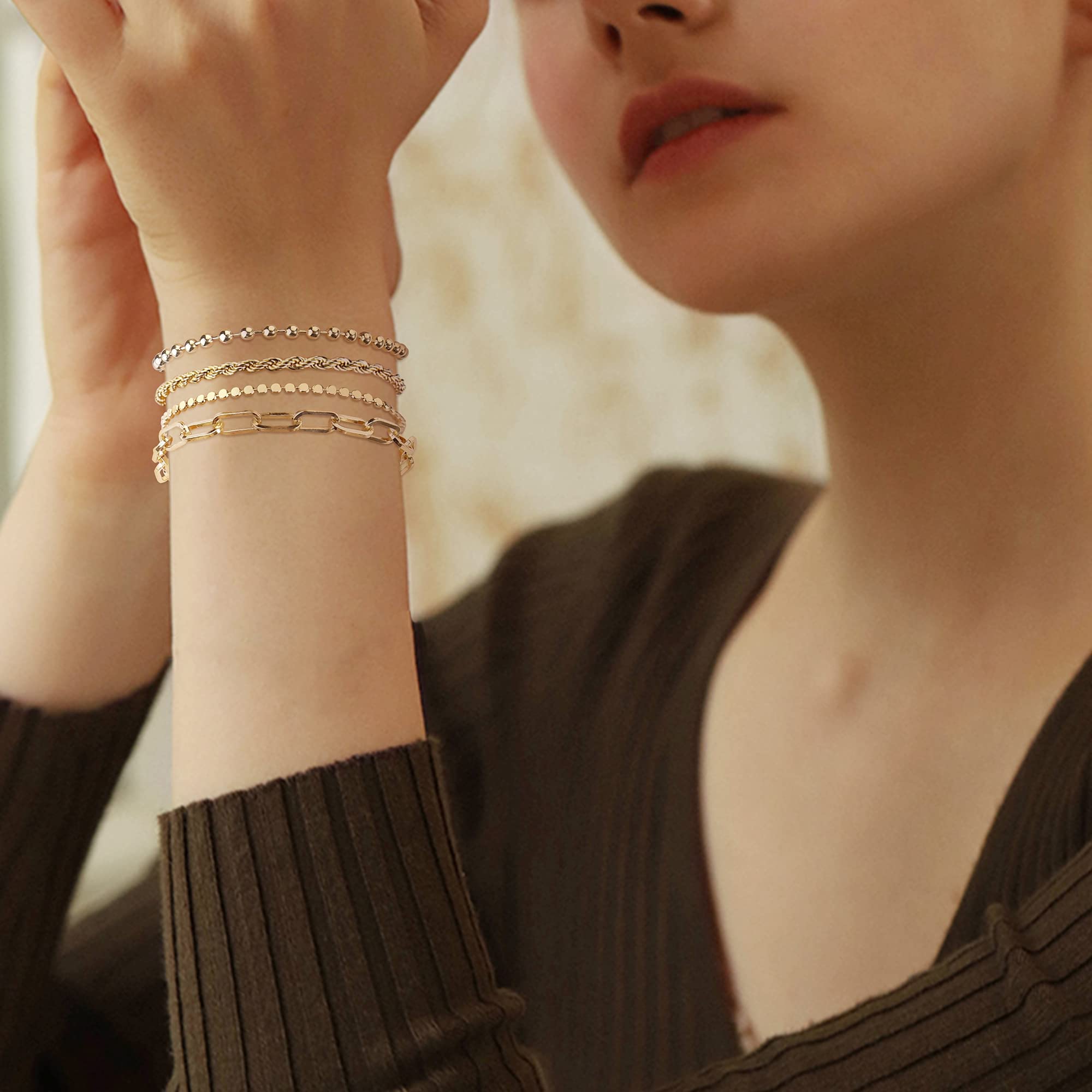 FINREZIO 6PCS Gold Chain Bracelet for Women Paperclip Link Beaded Cuban Bracelet Chunky Cable Chain Bracelet Adjustable Layered Stackable Bracelets Jewelry Style B