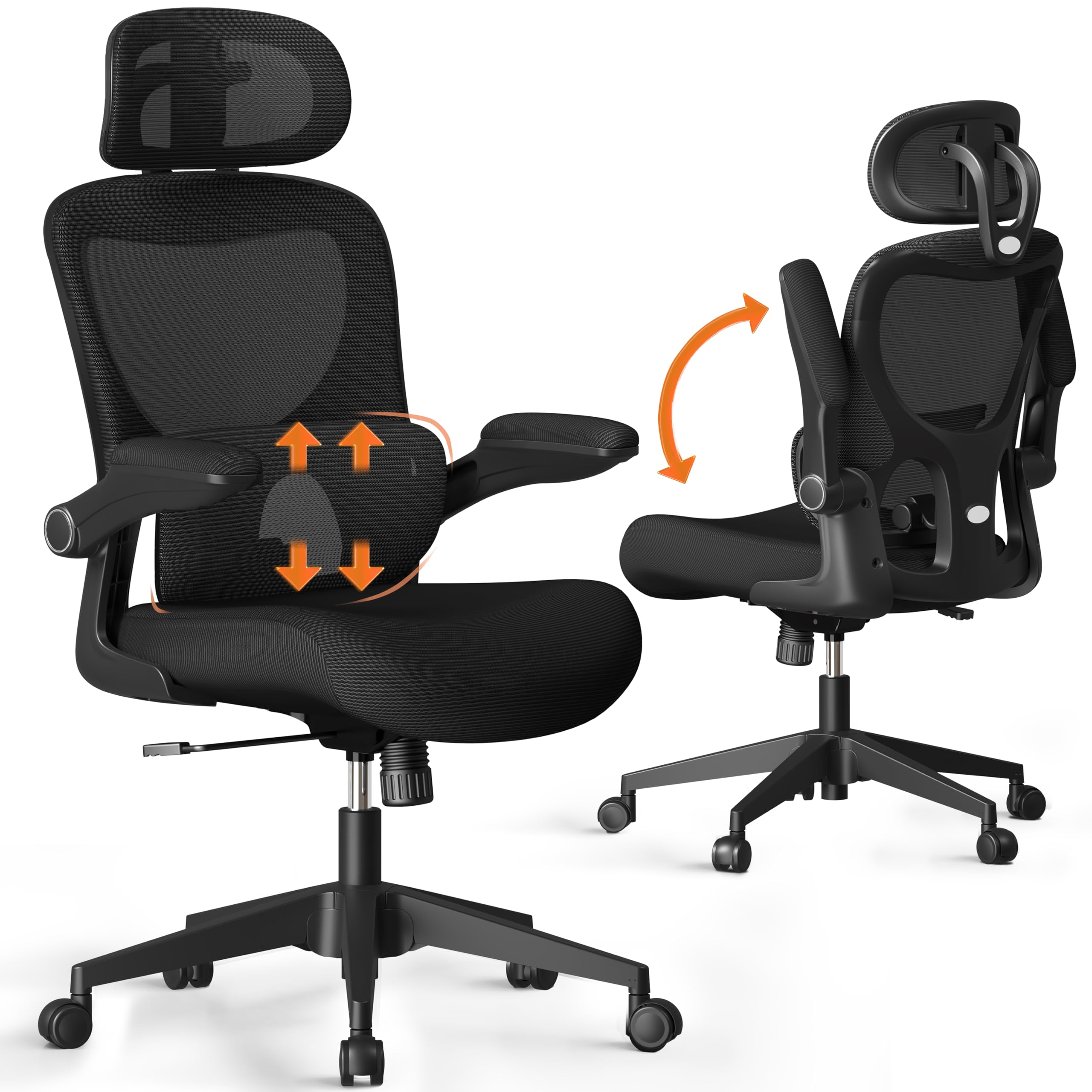 Ergonomic Office Desk Chair, High Back Mesh Chair with Flip-Up Arm, Headrest, Swivel Rolling Wheel, Adjustable Lumbar Support, Big and Tall Comfy Computer Gaming Task Chairs for Adults