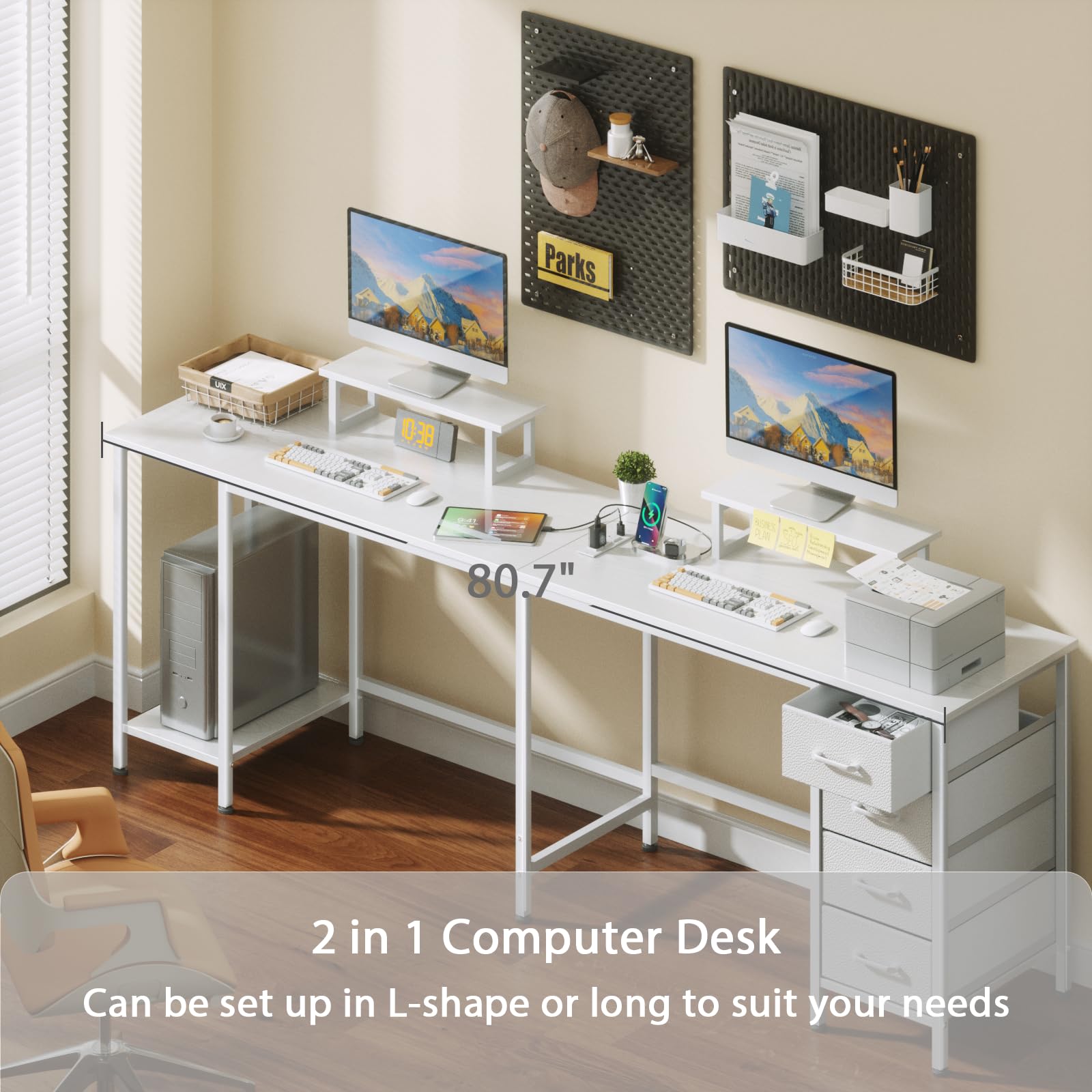 Korfile L Shaped Computer Desk with Power Outlets, Home Office Desk with 4 Adjustable Storage Drawers, Corner Desk with 2 Monitor Stands, Two Person Gaming Desk for Bedroom, 59 inch, White