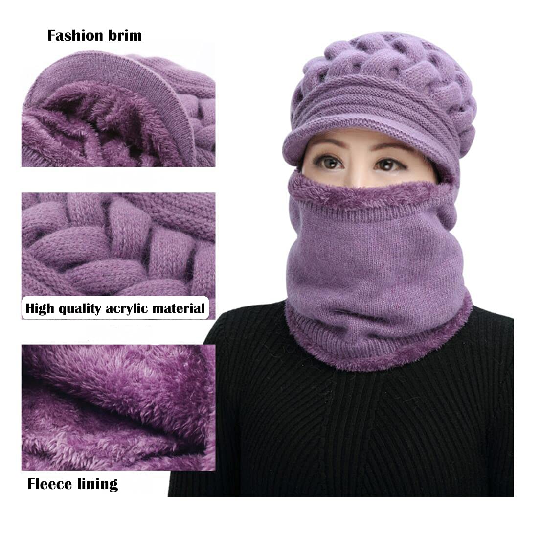 Fleece Lined Womens Beanie Knit Hat, Winter Scarf Mask Set,Middle-Aged and Elderly Mother Warm Hat Earmuffs Cap (one Size, Black)