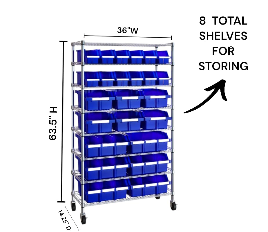 Heavy Duty Commercial Steel Wire Bin Storage Rack, Mobile, 24 Bins (Blue, 1 Pack)