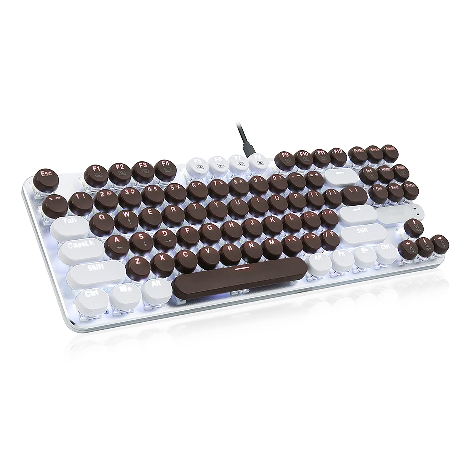 DEANEEK Typewriter Style Mechanical Keyboard 87 Key Retro Punk Round Keycap LED Backlit USB Wired Gaming Keyboards with White LED Backlit, Round Keycaps for Windows/Mac/PC (Blue Switch)
