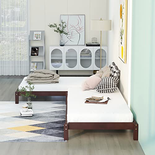 Solid Platform Bed Twin Size Wood Stackable Twin Beds with Wooden Slats Convertible Floorbed Frame Without Headboard for Girls Boys Teens, No Box Spring Needed β Two Beds Set (Walnut)
