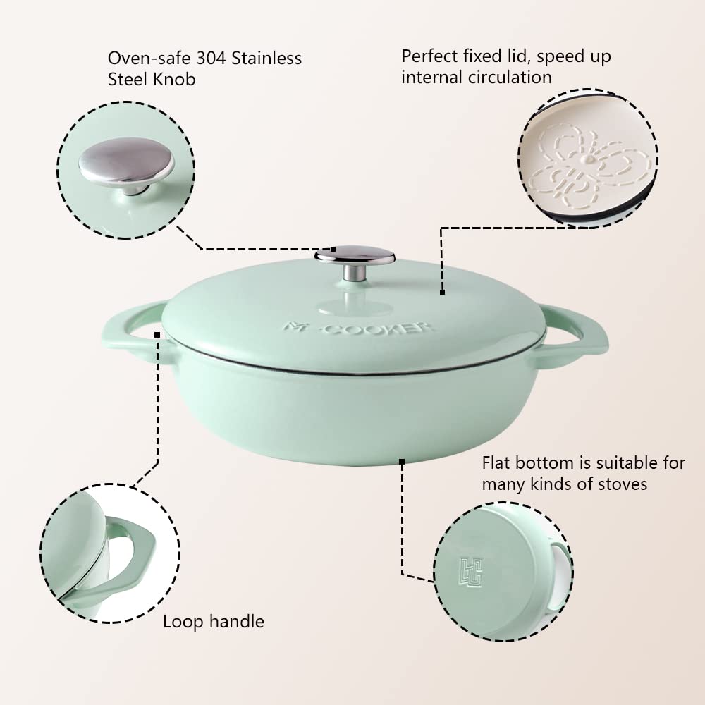 M-COOKER 3.8 Quart Enameled Cast Iron Braiser Pan with Lid,Covered Cast Iron Casserole Dish, Shallow Dutch Oven with Lid, Gift Idea for Family, Oven Safe (Mint green)