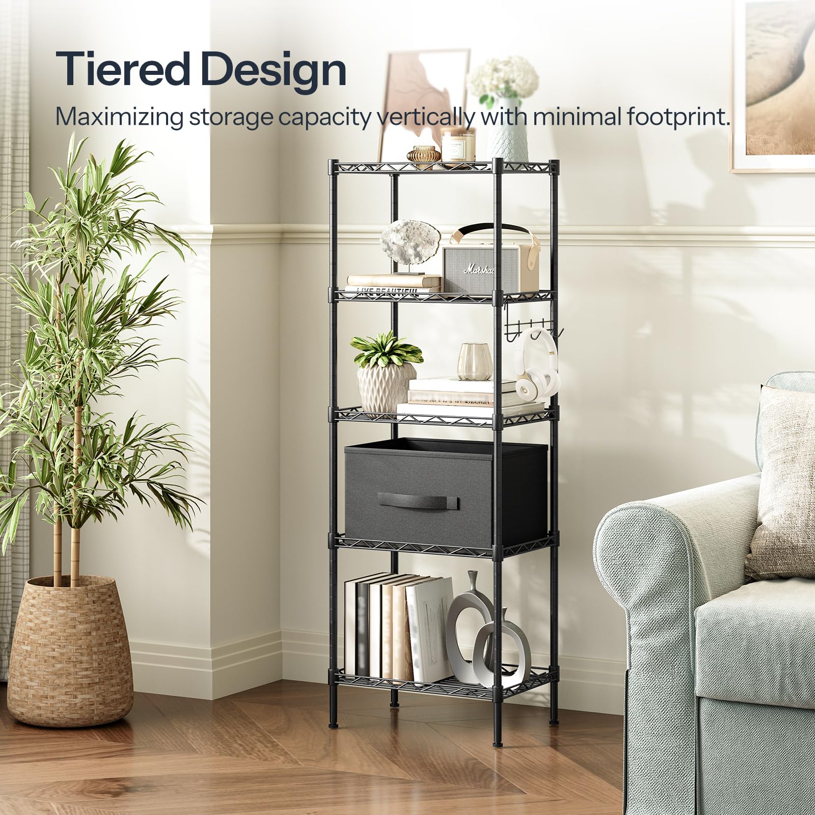 HOOBRO 5-Tier Storage Rack, Wire Shelving Unit with Adjustable Shelves, Standing Metal Shelf with Removable Drawer and 5 Hooks for Bathroom, Living Room, Bedroom, Kitchen, Black BK25CJ01