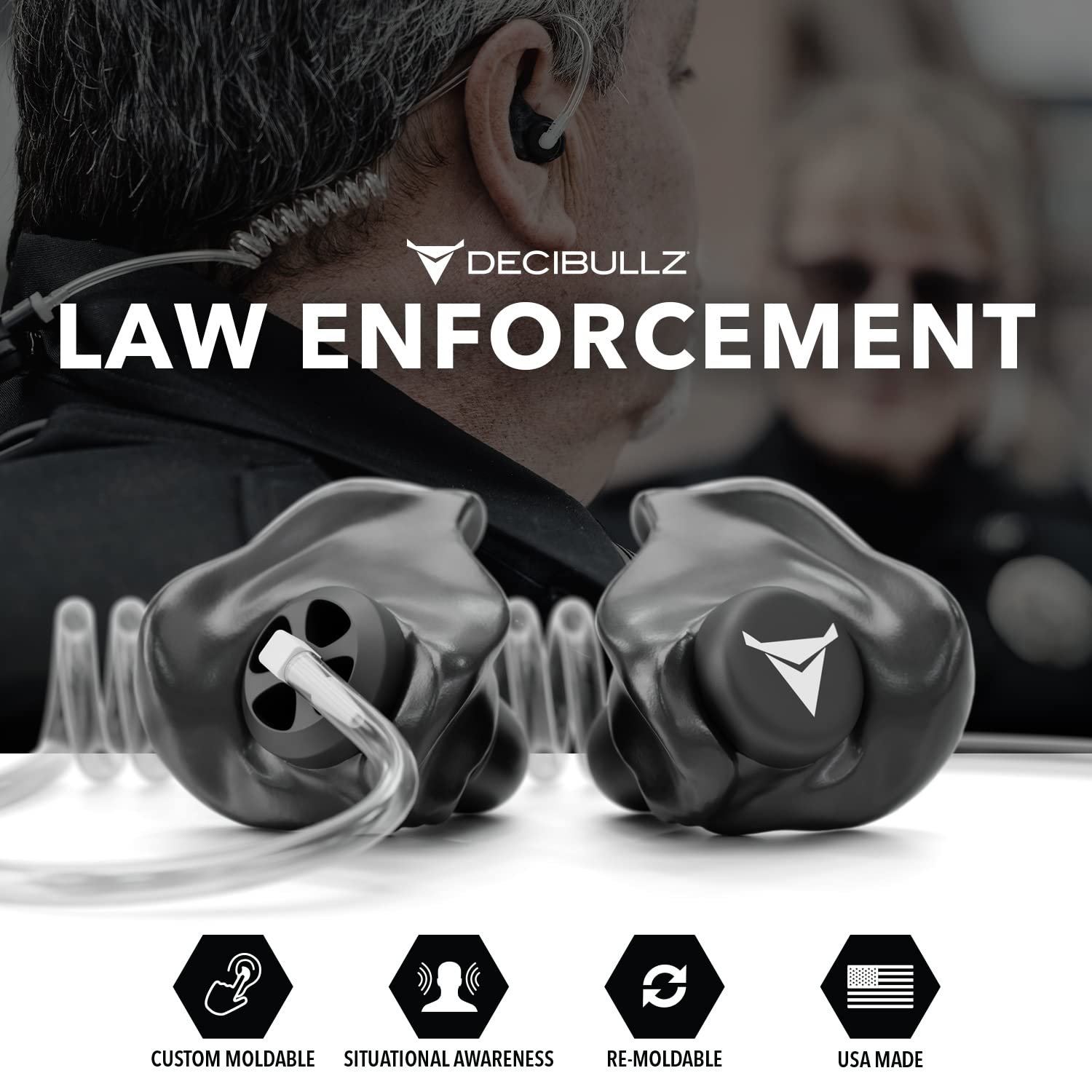 Decibullz - Custom Molded Security Radio Adapters, Thermo-Fit Earpieces Designed for Clear Acoustic Tube Radios (Awareness)