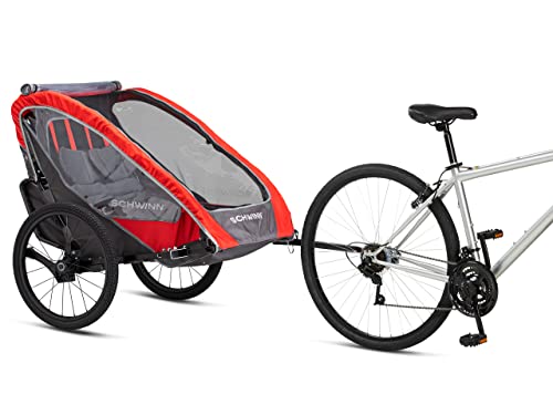 Schwinn Summit Deluxe Kids Double Bike Trailer, Child Carrier Seats 2 Riders, Max Weight 87lbs, Converts to Stroller, 20-Inch Wheels, Red