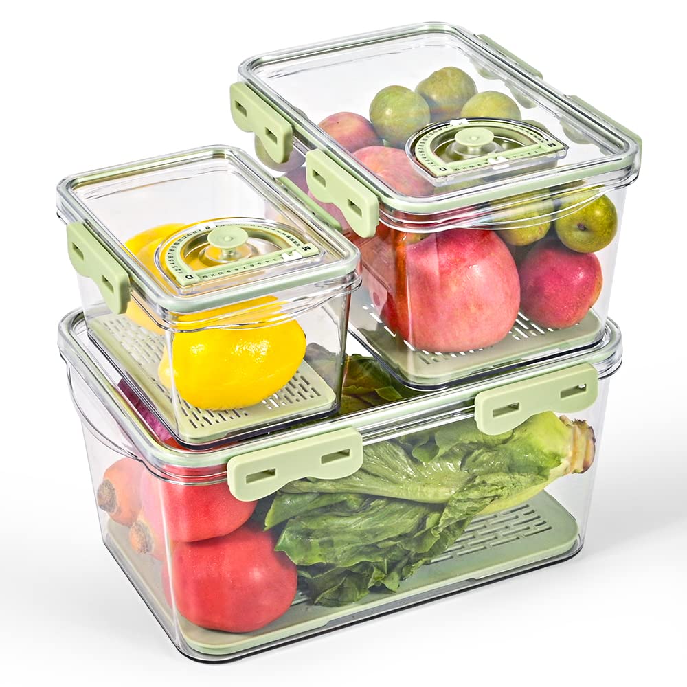 Fruit Storage Containers for Fridge 3 Pack Vegetable Produce Saver Container Refrigerator with Lid & Removable Tray Air Vents, Time Remember, BPA-Free Kitchen Organizer Bins Lettuce Salad Berry Keeper
