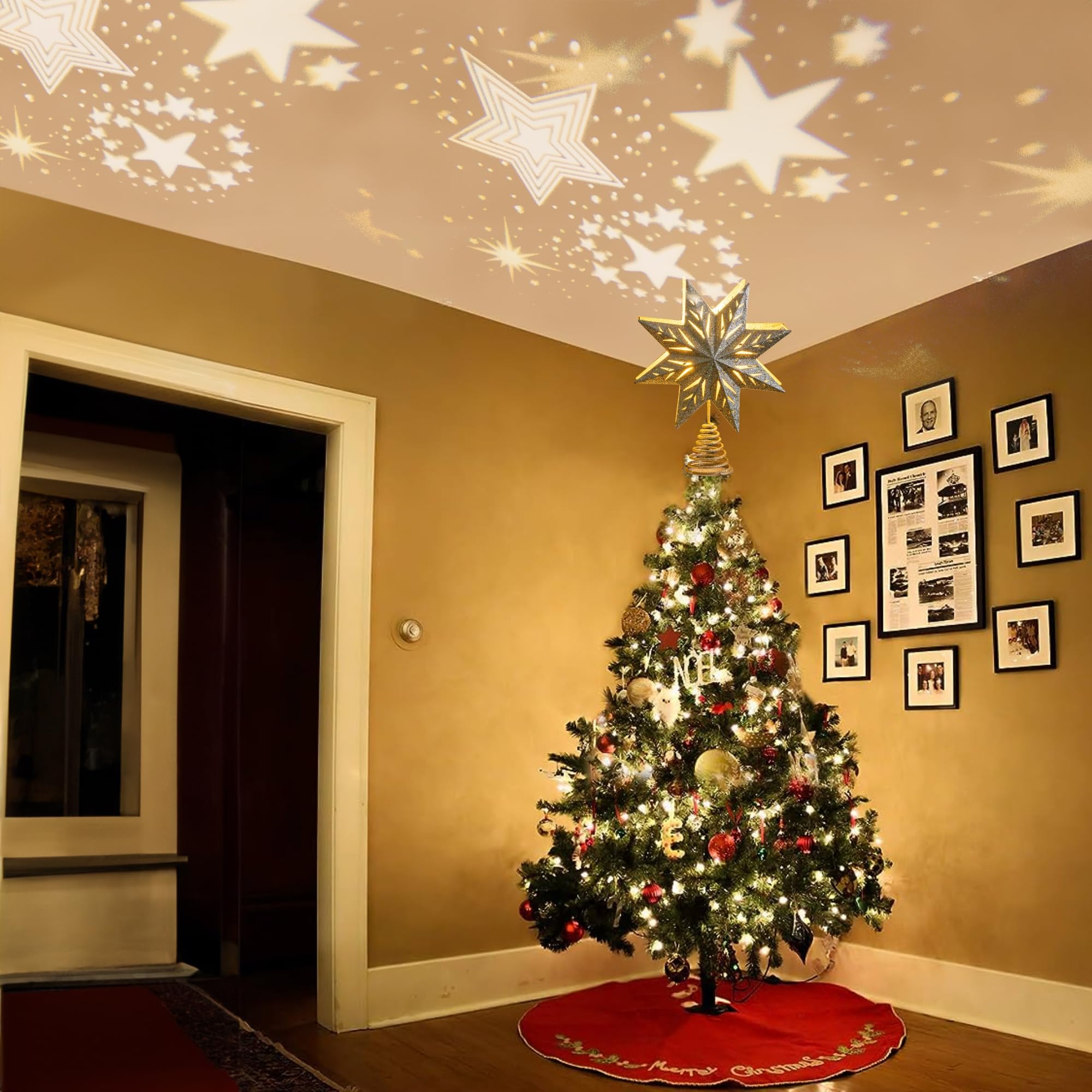 Dazzle Bright Christmas Tree Topper with LED Snowflake Projector Lights for Holiday Decorations (Gold)