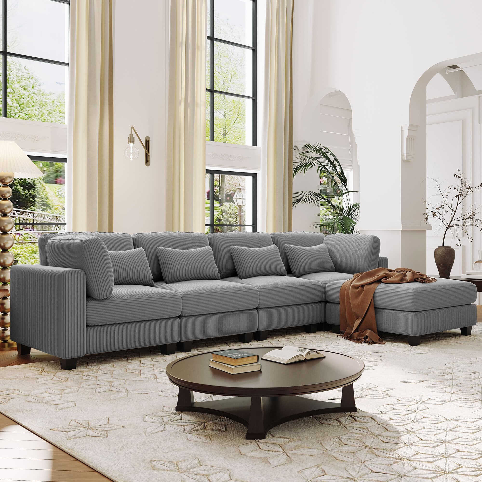 KELRIA 99.6" 5 Pieces L-Shaped Modular Sectional Sofa with Removable Ottomans and Waist Pillows, Modern Corduroy Fabric Upholstered Couch for Living Room, Apartment, Studio, Grey
