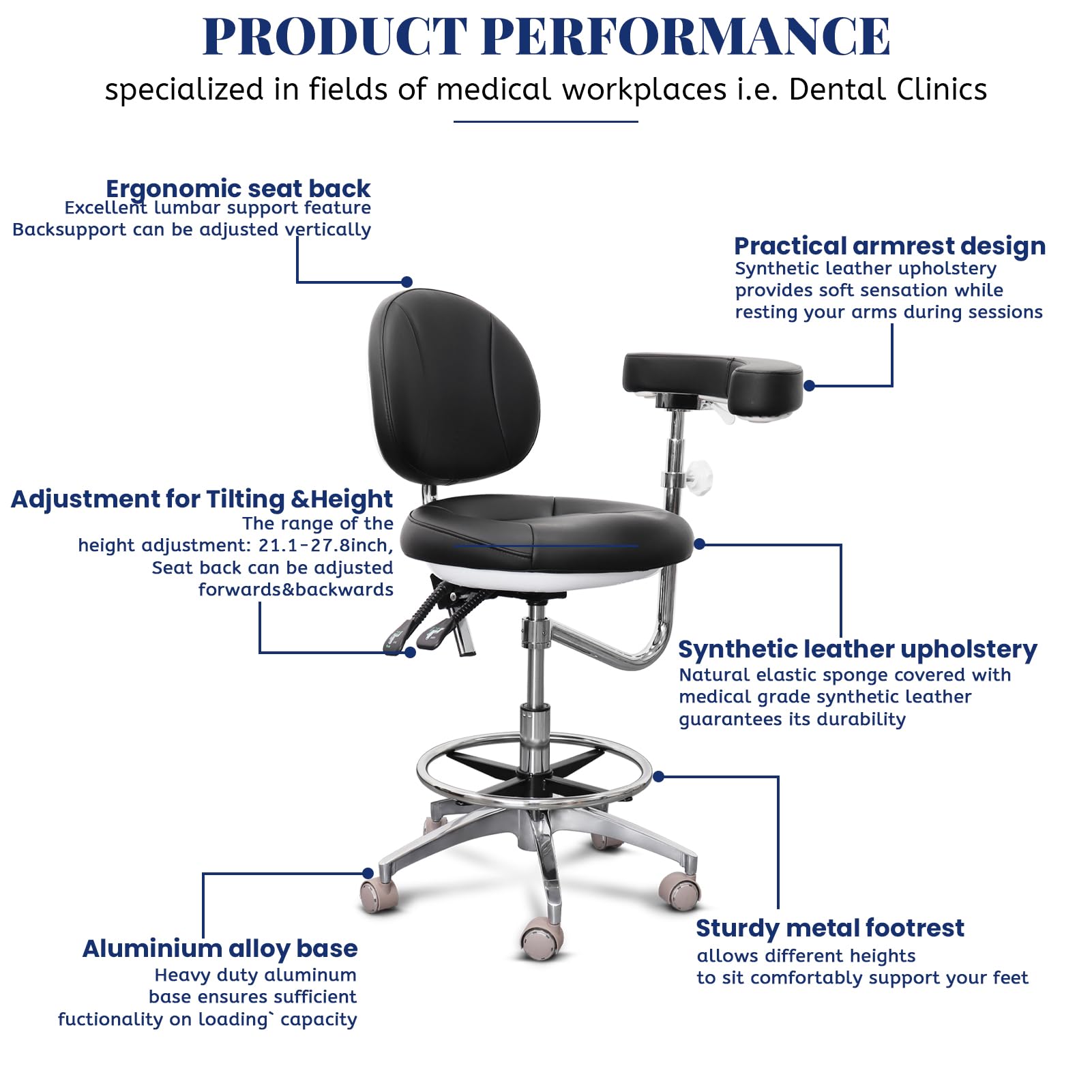 LIMKOMES Dental Assistant Chair Microfiber with Rotatable Armrest Rolling Medical Chair Ergonomic Swivel Seating Back Support Dentist Stool for Clinics, Dental Offices, Labs-Black, Standard