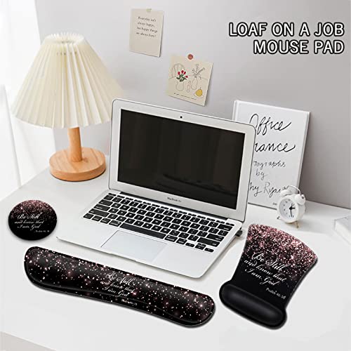 Keyboard Wrist Rest and Mouse Pad with Wrist Support, Ergonomic Gel Mouse Pad and Coaster, for Easy Typing Pain Relief, Memory Foam Keyboard Wrist Rest,Psalm 46-10 Rose Gold Glitter Black Mousepads