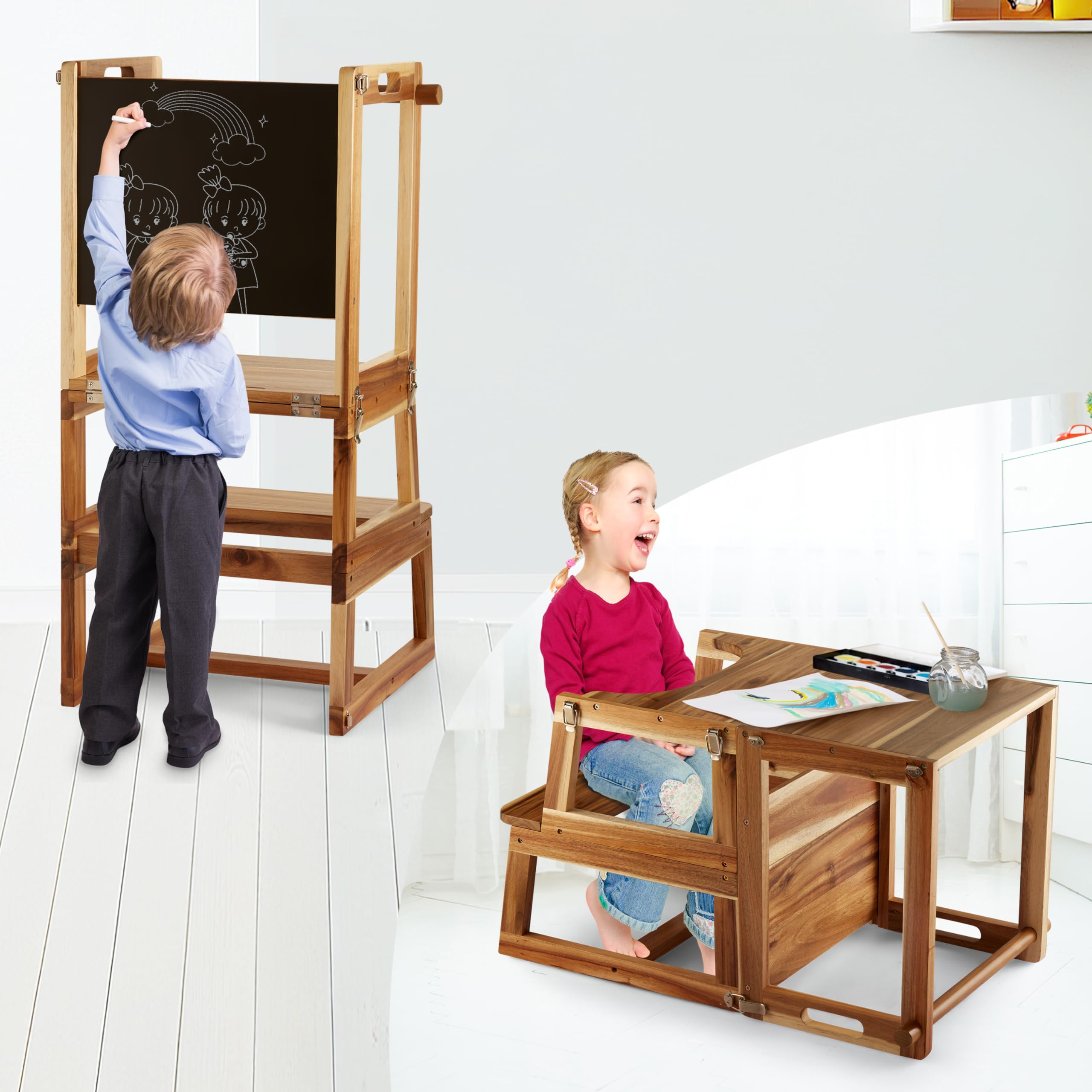 Kitchen Step Stool, Standing Tower, Step Stool Kitchen Stool Helper with Chalkboard, 3 in1 Folding Kitchen Tower Stool, Wooden Tower for Kitchen, Free Hands (Warm Acacia)