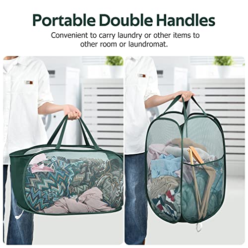 OTraki 2 Pack 70L Mesh Laundry Hampers with Long Handles Pop Up Clothes Basket for Laundry Collapsible Hamper with Large Side Pocket for Socks Detergent Hangers Easy to Carry in Home Hotel Green