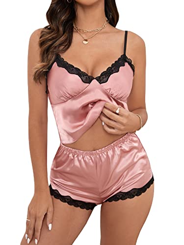 SOLY HUX Women's Lace Trim Satin Sleepwear Cami Top and Shorts Lounge Pajama Set Dusty Pink M
