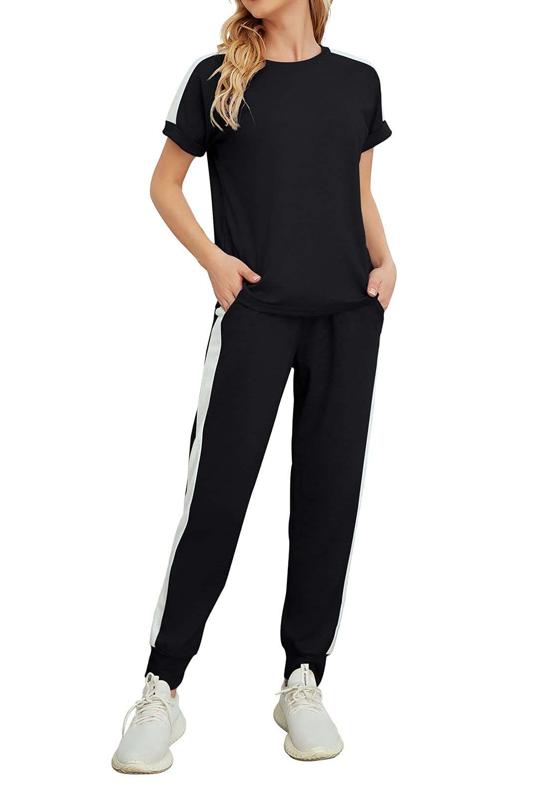 DEARCASE Women's 2 Piece Outfits Casual Short Sleeve Top Long Pant Sweatsuits Tracksuits Black Large
