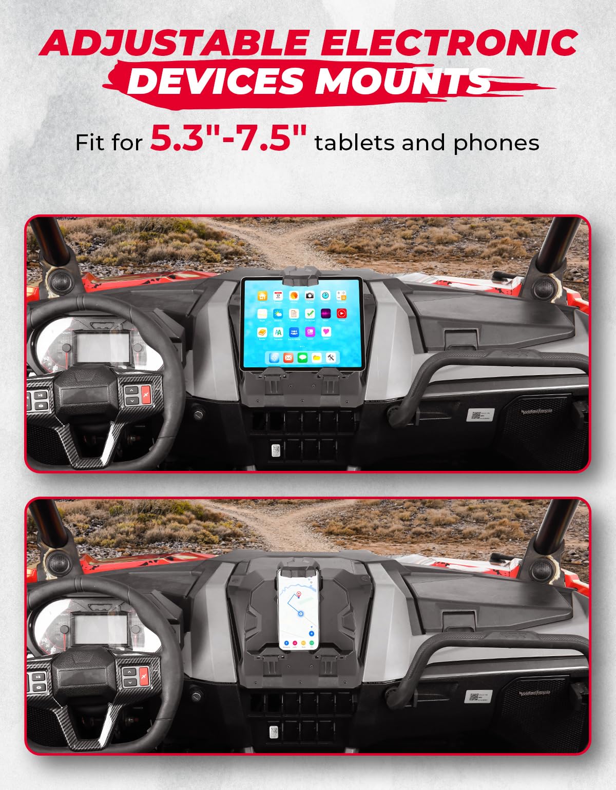 KEMIMOTO Portable Electronic Device Mount, Black, Compatible with 5.1" to 10" Smartphones and Tablets, Easy Installation, Stable and Durable, Fits Polaris RZR PRO XP/XP4 2020-2024
