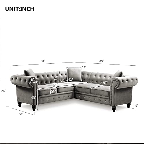 SIYAHOME Sofas & Couches 80 x 80 x 28β Deep Button Tufted Velvet Upholstered Rolled Arm Classic Chesterfield L Shaped Sectional Sofa 3 Pillows Included, Grey, 808028
