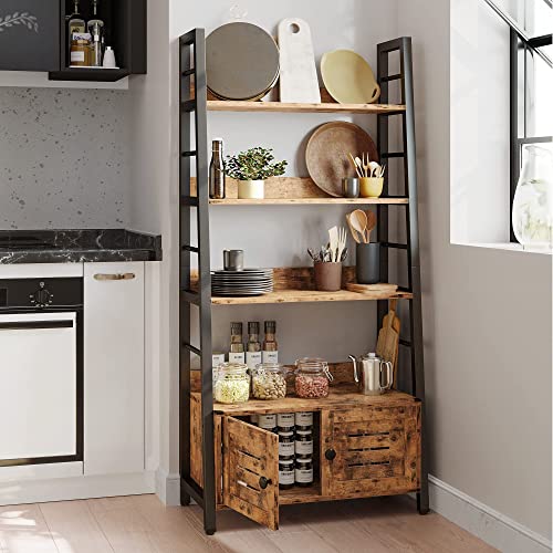 IRONCK Bookshelf with Louvered Doors, 3-Tier Ladder Shelf with Cabinet Industrial Accent Furniture for Bedroom Living Room Home Office, Rustic Brown