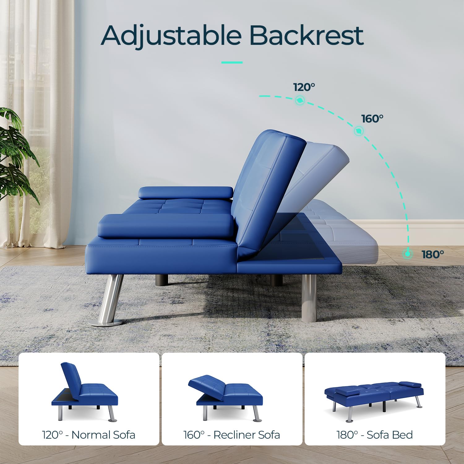 LINSY Futon Sofa Bed, Faux Leather Sleeper Sofa with Mattress and Frame, Convertible Futon Couch for Living Room, Blue