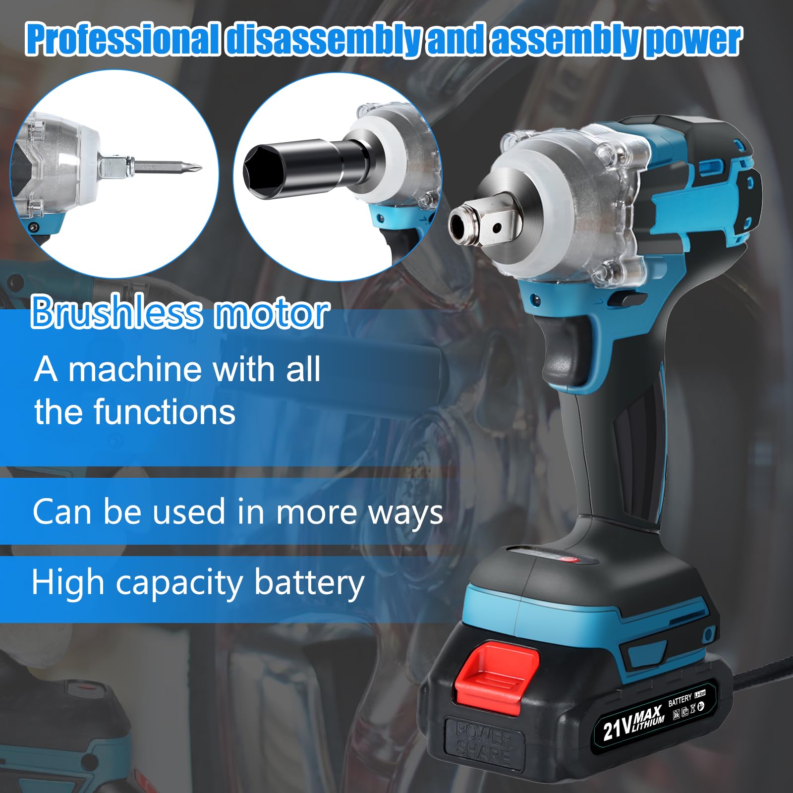 Jadeshay 21V Brushless Impact Wrench, Cordless Electric Screwdriver, Rechargeable Drill Driver with US Plug, 1/2” Drive