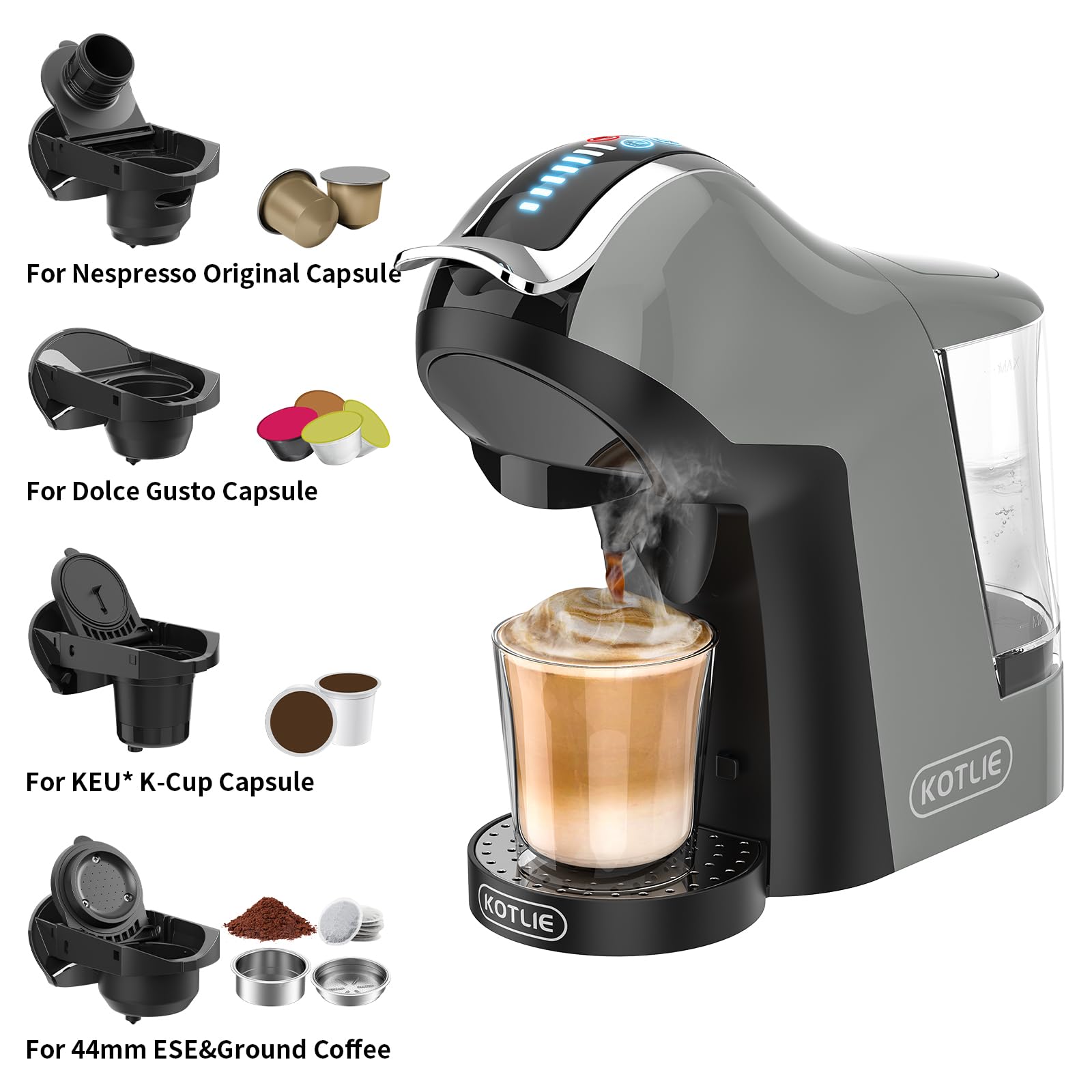 KOTLIE 19Bar Espresso 5in1 Coffee Machine, Cappuccino&Latte Maker, Cold&Hot Brewing Single Serve Coffee Maker for Nespresso Original/Kcup/Dolce Gusto/Ground Coffee/44mm ESE (Green)