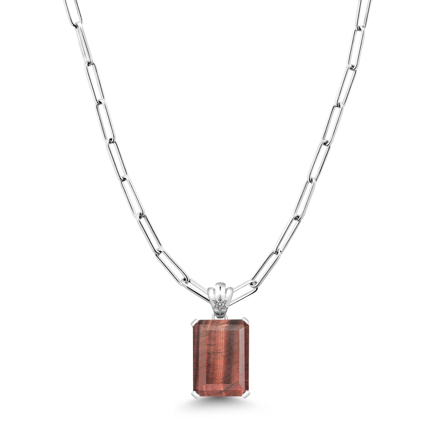 Gem Stone King 12.03 Ct Red Tiger Eye White Diamond 925 Sterling Silver Pendant with 3.25mm Paperclip Link Chain 18 inch with 2 inch Extender