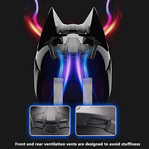 WANGFENG Black Full Face Motorcycle Street Helmet Woman Cat Helmet with Ears, ATV Crash Scooter Flip Up Modular Helmets Bluetooth Headset Bat Ear Helmet for Kids Boys Men DOT Certified, 54-62cm