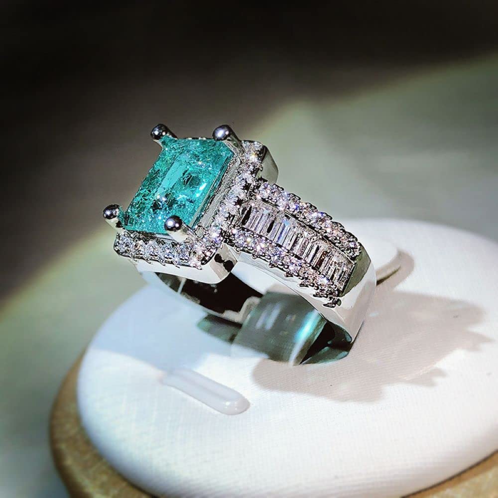 Gixaxak Simple Modern Elegant 925 Sterling Silver Green Simulated Emerald Rings for Women Emerald Pendant Square Rings Sterling Silver Set with Gemstones