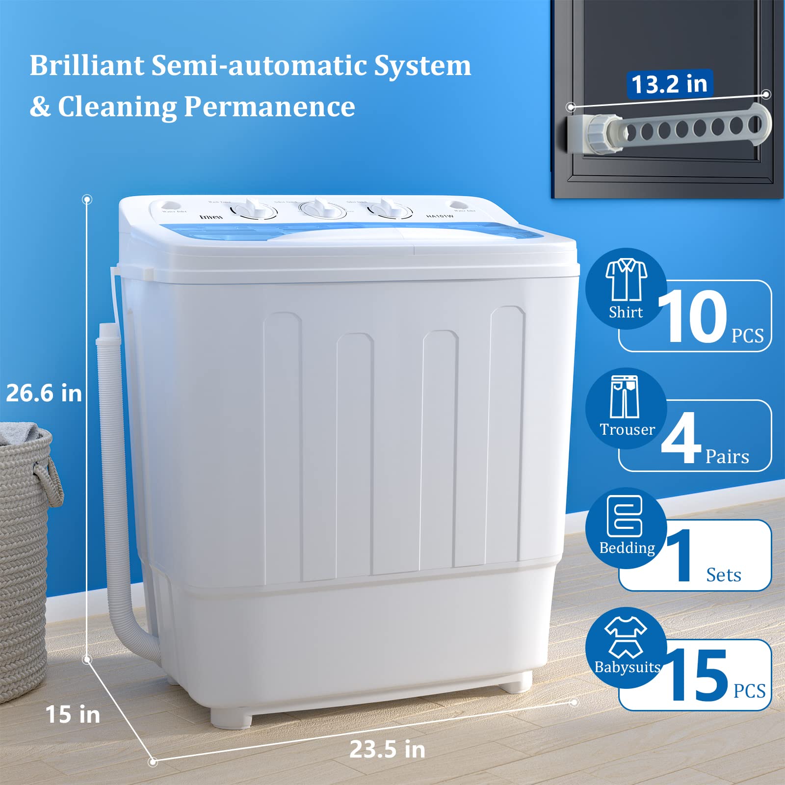Erivess Portable Twin Tub 18lbs Washing Machine with Drying Rack, 11lbs Washer Mini Compact Laundry Machine with 7lbs Spinner, Semi-automatic Washer Combo for Dorms, Apartments