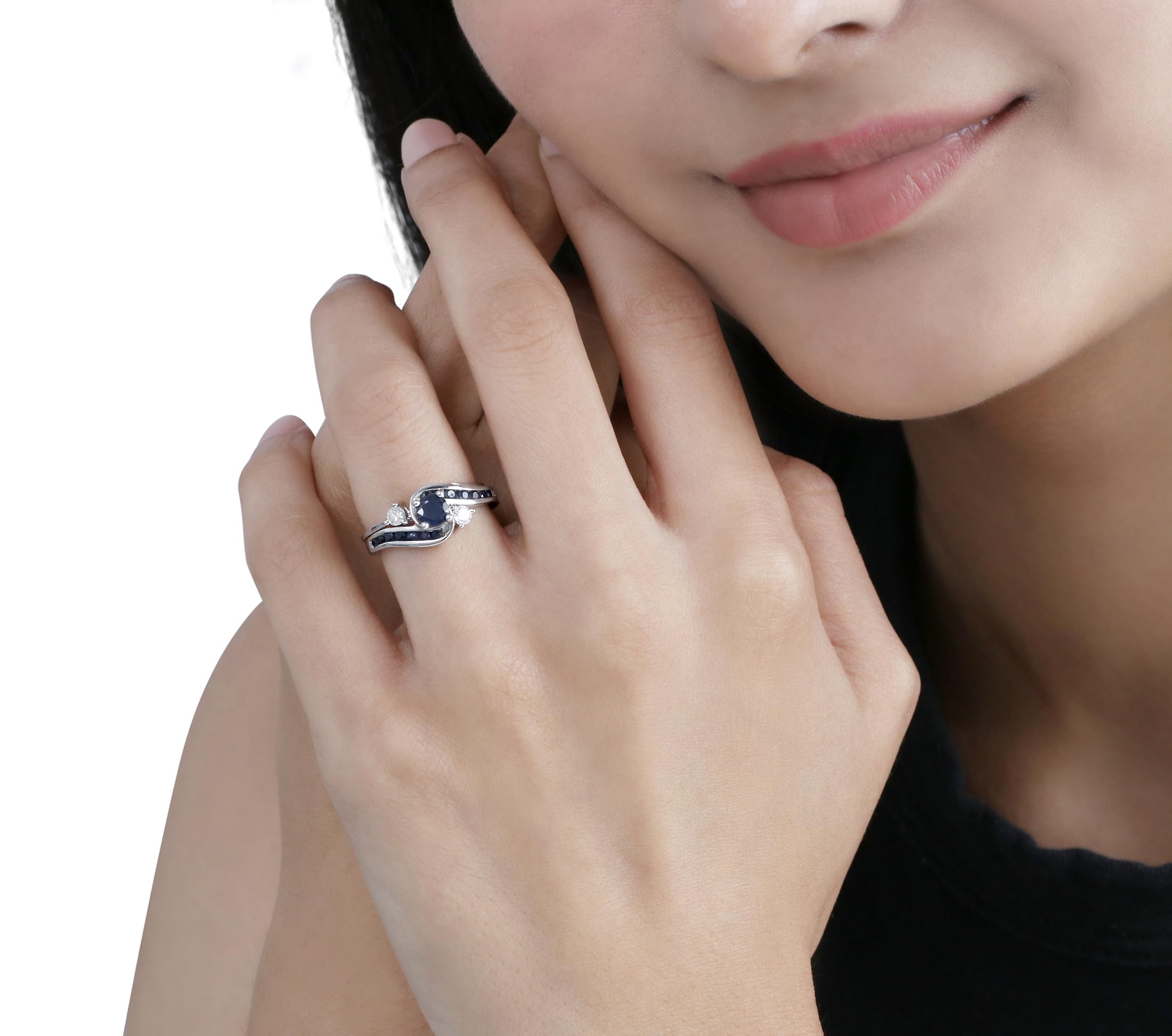 Dazzlingrock Collection 10K Round Blue Sapphire And White Diamond Swirl Bridal Engagement Ring Set, White Gold, Size 8.5