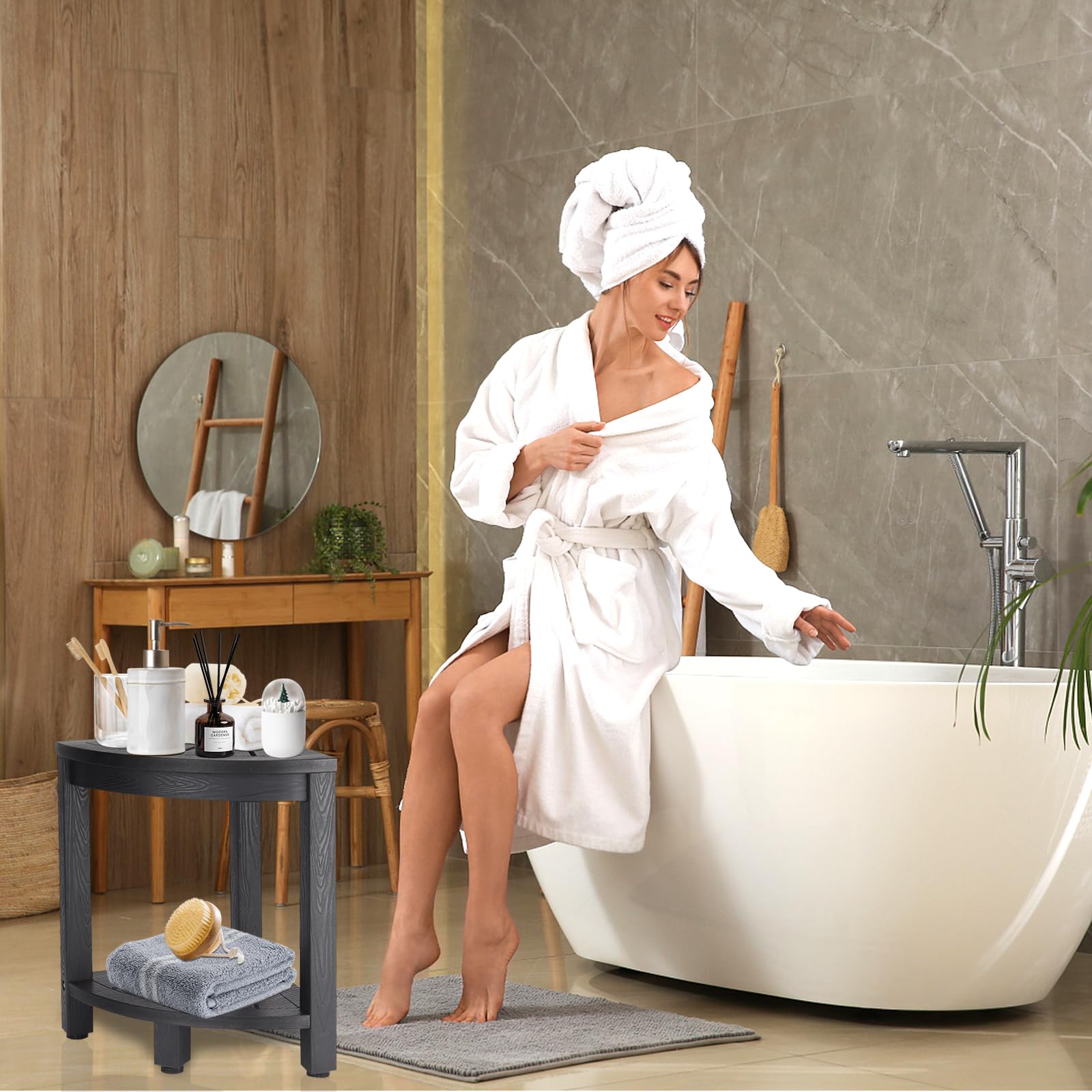Natree Poly Lumber Shower Foot Rest 17 in, Shower Stool Corner Bench with Storage Shelf, Water Repellent Shower Stool for Shaving Legs, Corner Seat for Bathroom Living Room Shower Spaces(Black)