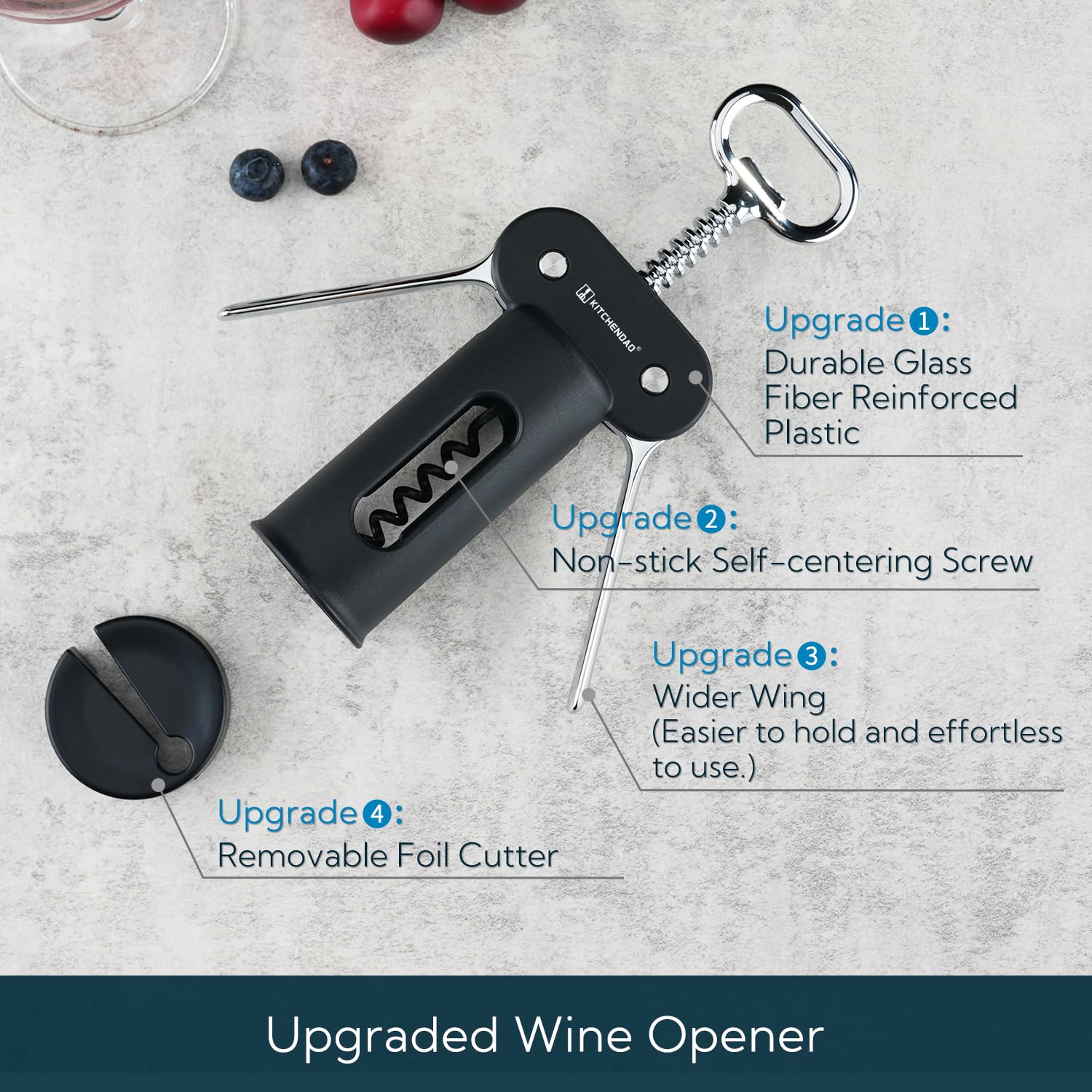 KITCHENDAO 3 in 1 Wing Corkscrew Wine Bottle Opener with Foil Cutter, Built-in Beer Bottle Opener, Multifunctional Wine Opener with Non-Stick Sharp Screw,Easy to Use, Manual Wine Corkscrew,Black