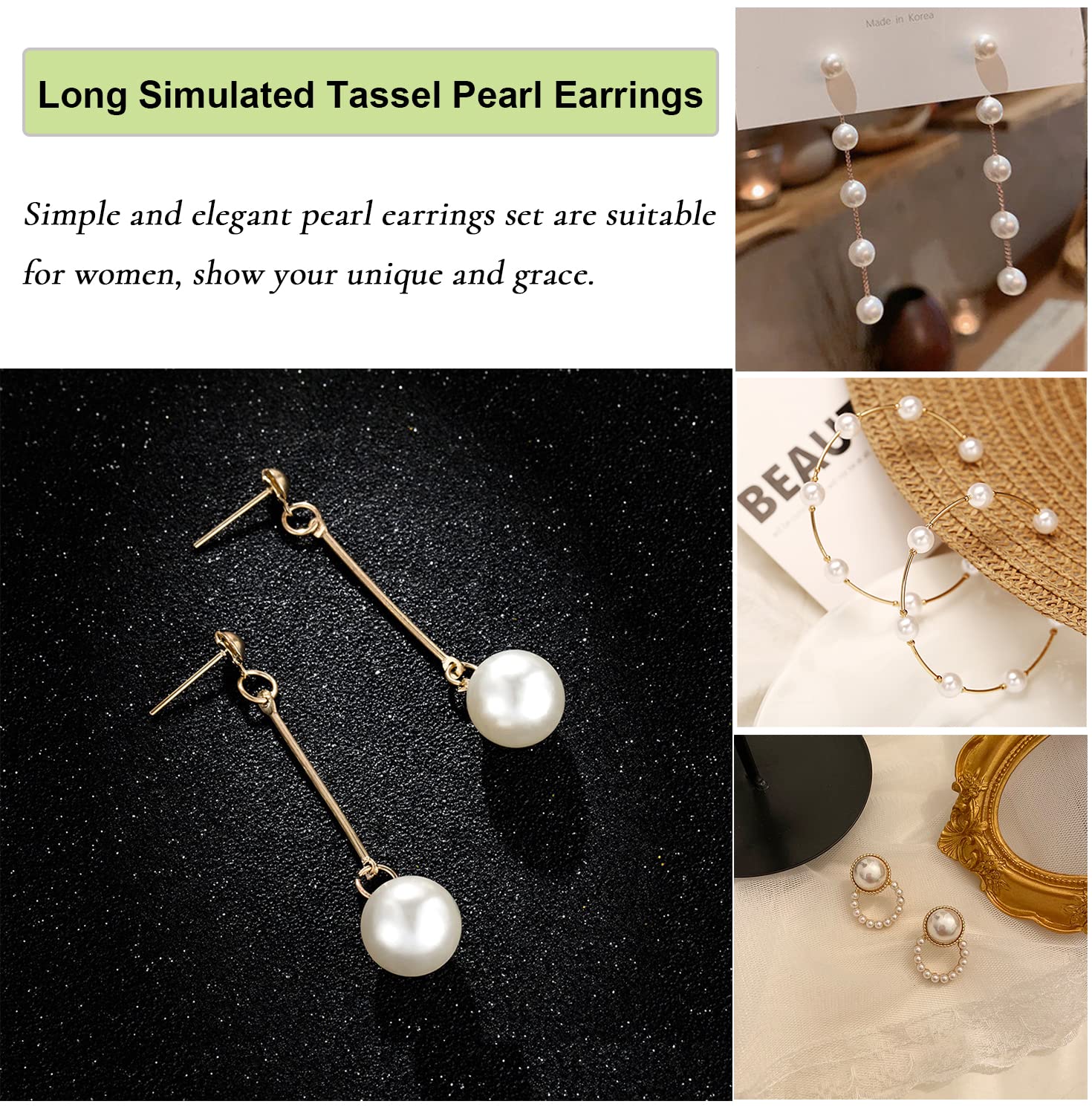 FIRAZIO 8 Pairs Big Simulated Pearl Long Tassel Drop Earrings for Women Double Sided Front Back Pearl Earrings Imitation Pearl Dangle Earrings