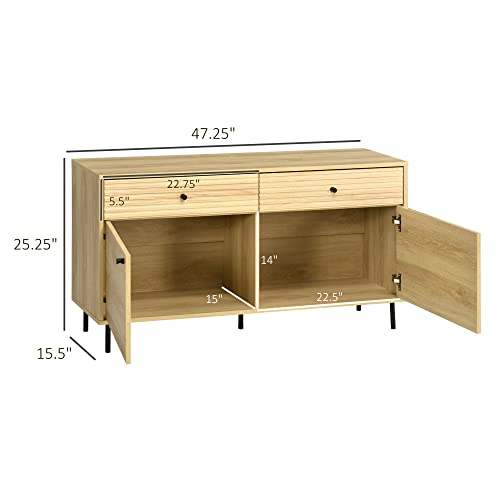 HOMCOM Sideboard Buffet Cabinet with Ribbed Texture, Woodgrain, Kitchen Cabinet, Coffee Bar Cabinet with Storage Drawers, Natural