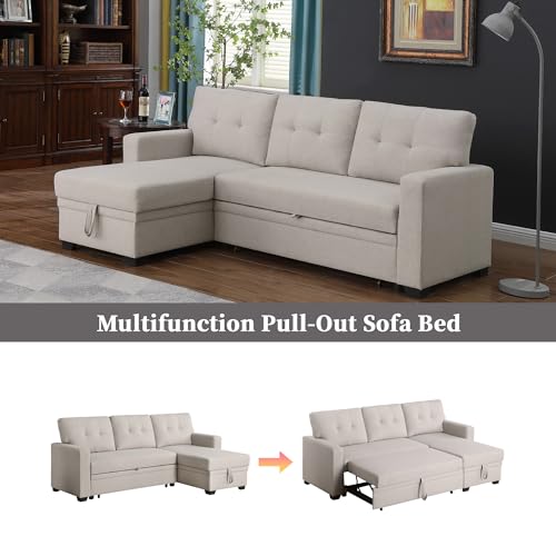 Livavege Convertible Sleeper Sectional Sofa with Pull-Out Couch Bed, L-Shaped Couch w/Storage Chaise, Modern Linen Fabric Corner 3-Seaters Couches for Living Room, Apartment and Small Space