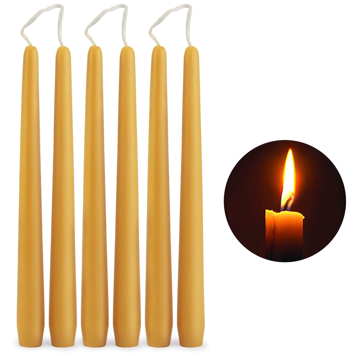 Natural Beeswax Taper Candles 10"- Beeswax Candles Set 6 Pack, Yellow