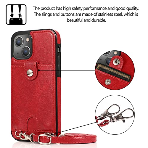 Jaorty Phone Case for iPhone 14 Plus with Card Holder for Women Men,iPhone 14 Plus Crossbody Cases with Strap Lanyard for Girl,PU Leather Anti-Lost Strap Case for iPhone 14 Plus 6.7",Red