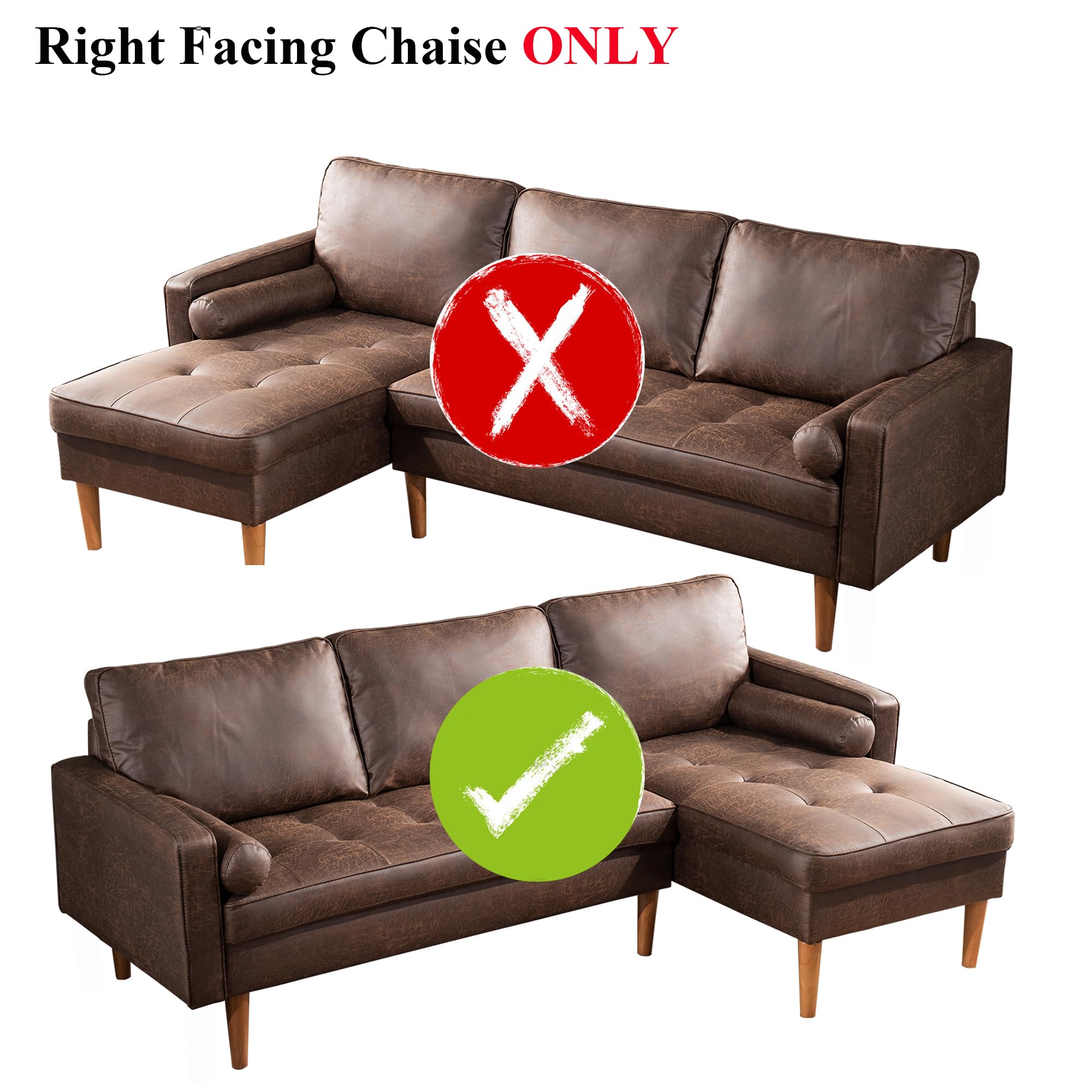 HOOOWOOO 83" Small L Shaped Sofa Couch,Mid Century Modern Tufted Sofa with Right Chaise for Small Living Room Apartment Office,Brown Faux Suede