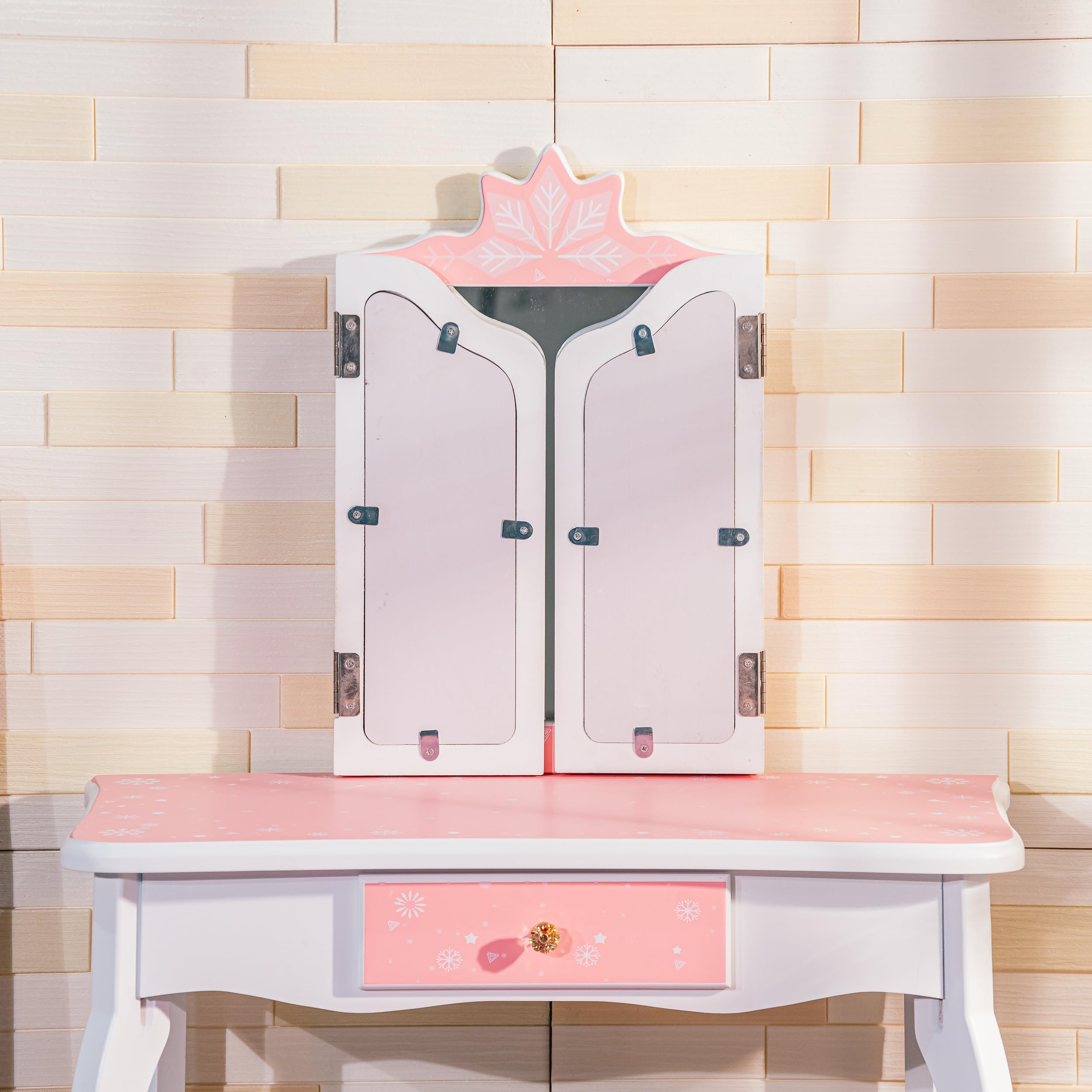 LIZHOUMIL 2-in-1 Princess Makeup Table for Kids - Vanity Set with Mirror, Stool, Tri-Folding Mirror & Drawer - Wooden Pretend Play Dressing Table for Toddler Girls