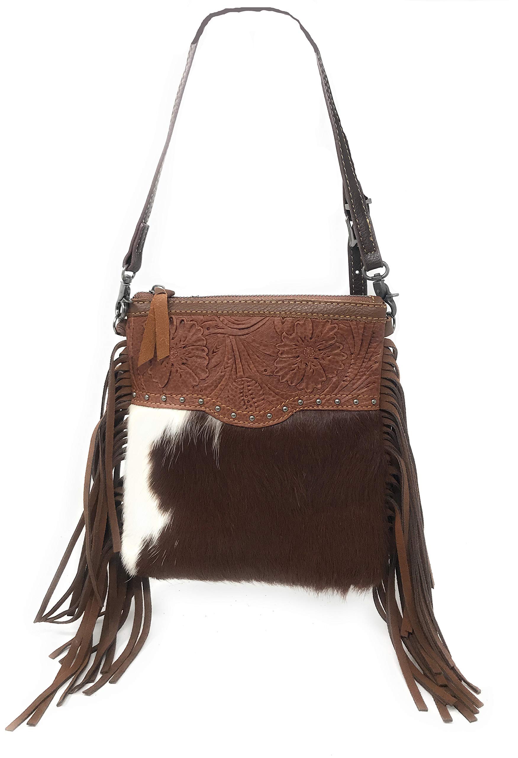 Texas West Handcrafted Genuine Leather Western Cowhide Womens Fringe Clutch Crossbody Bag in 3 Colors (Brown)